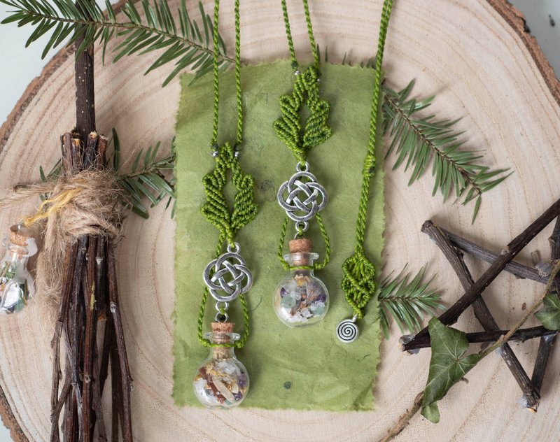 Wild Harmony spell bottle necklace, macrame green leaf necklace, green ...