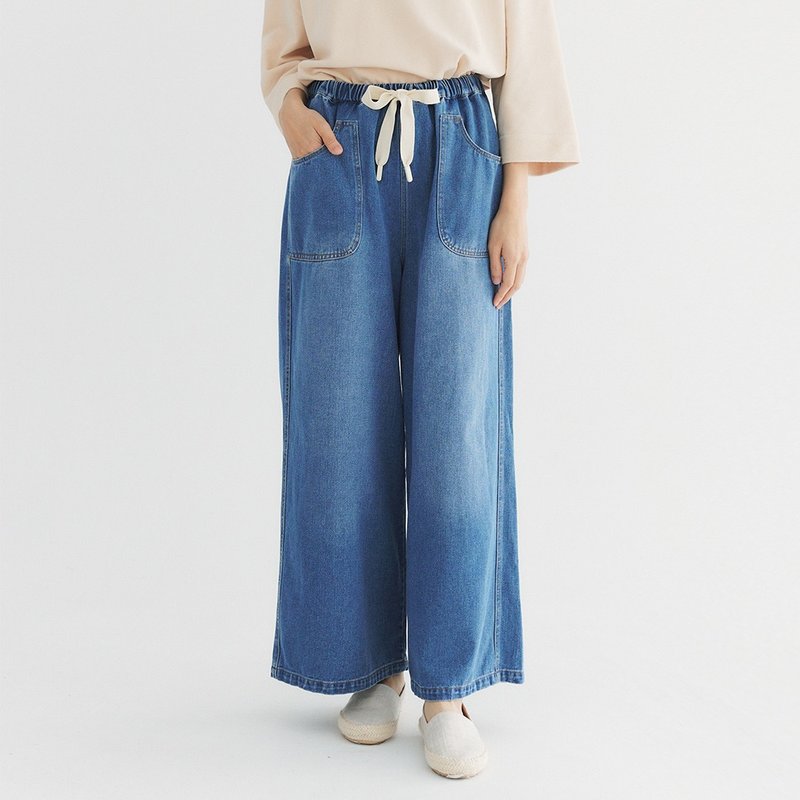 【Simply Yours】率性抽繩刷白牛仔寬褲 深藍F Simply Yours｜女長褲人氣榜 - Pinkoi