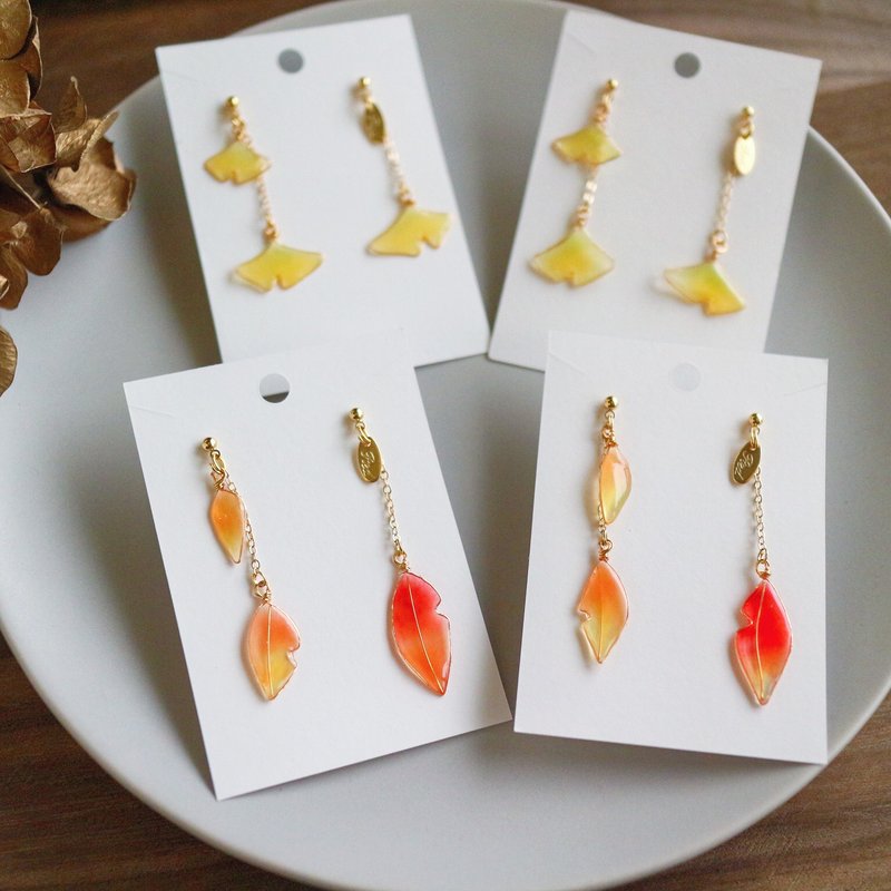 【獨特禮物】限量3組一漸層橘紅色落葉垂墜耳環耳夾式a1 SummerFly｜耳環/耳夾/耳骨夾人氣榜 - Pinkoi