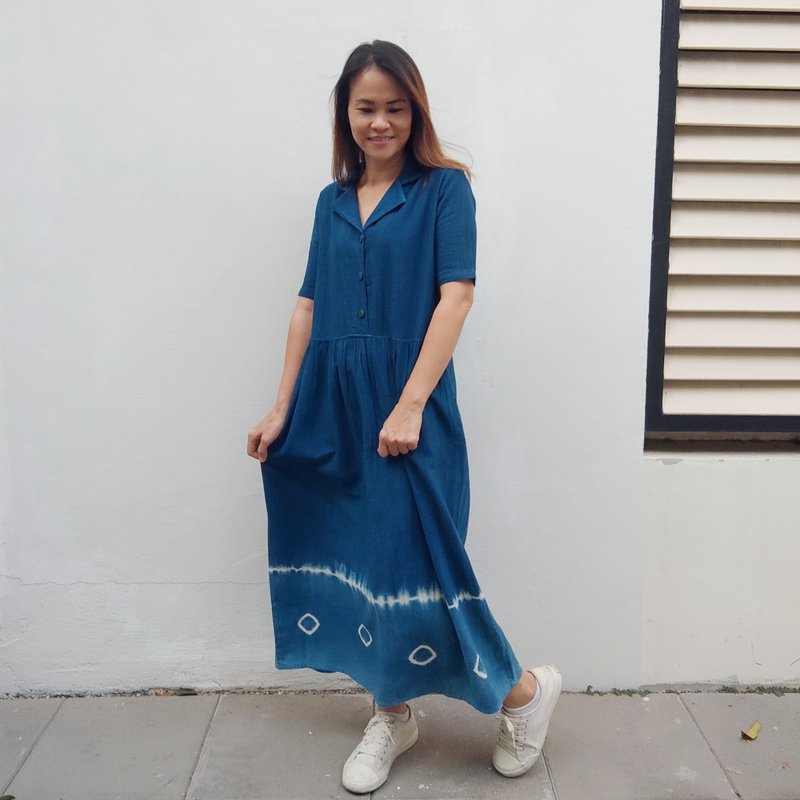 Indigo Dress - 紮染棉質夏威夷領連身裙 hug-fai-hug-d｜洋裝/連身裙人氣榜 - Pinkoi