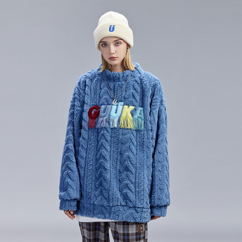 淺藍色雙面絨提花圓領衛衣冬季情侶流蘇刺繡上衣 MUYU｜男 T 恤人氣榜 - Pinkoi