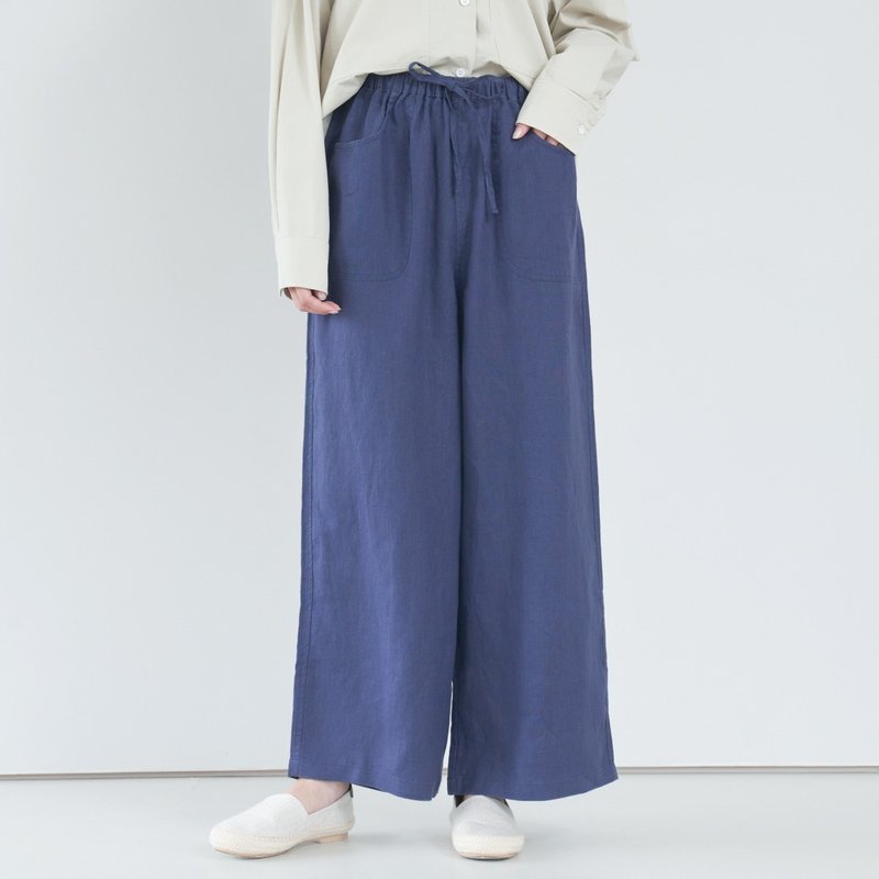 經典亞麻綁繩寬褲 藍F Simply Yours｜女長褲人氣榜 - Pinkoi
