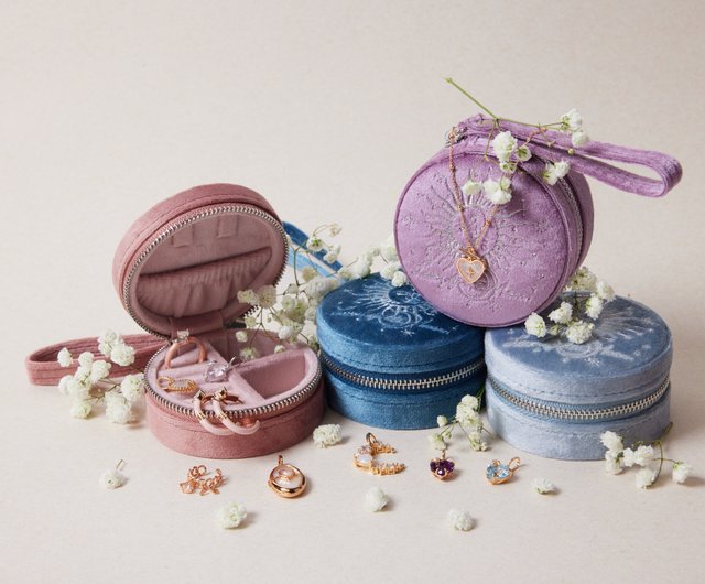 ベルベット刺繍の小さな丸いジュエリーボックス - ショップ LOVE ベルベット刺繍の小さな丸いジュエリーボックス - ショップ LOVE