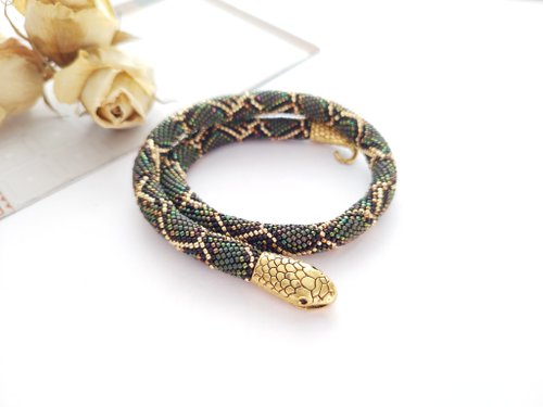 Beaded Snake bracelet necklace Python serpent Beaded Green metalic ...
