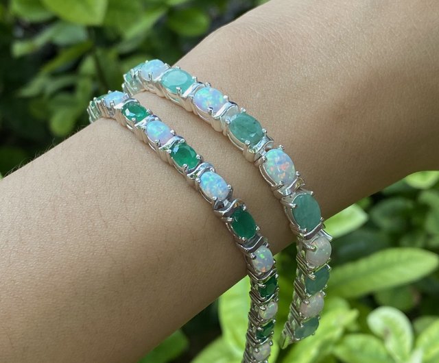 Large Emerald Stone and White Gilson Opal Tennis Bracelet 925 Sterling Silver Shop alisadesigns Bracelets Pinkoi