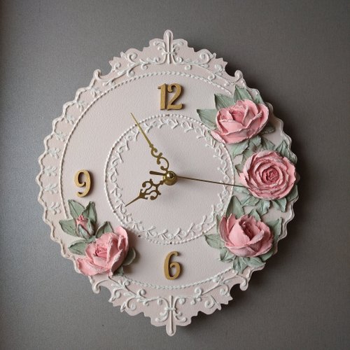 Small pink wall clock with pink roses in vintage style Silent wall ...