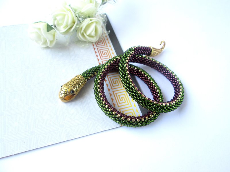 Green snake necklace bracelet Ouroboros jewelry Serpent rope Bead ...