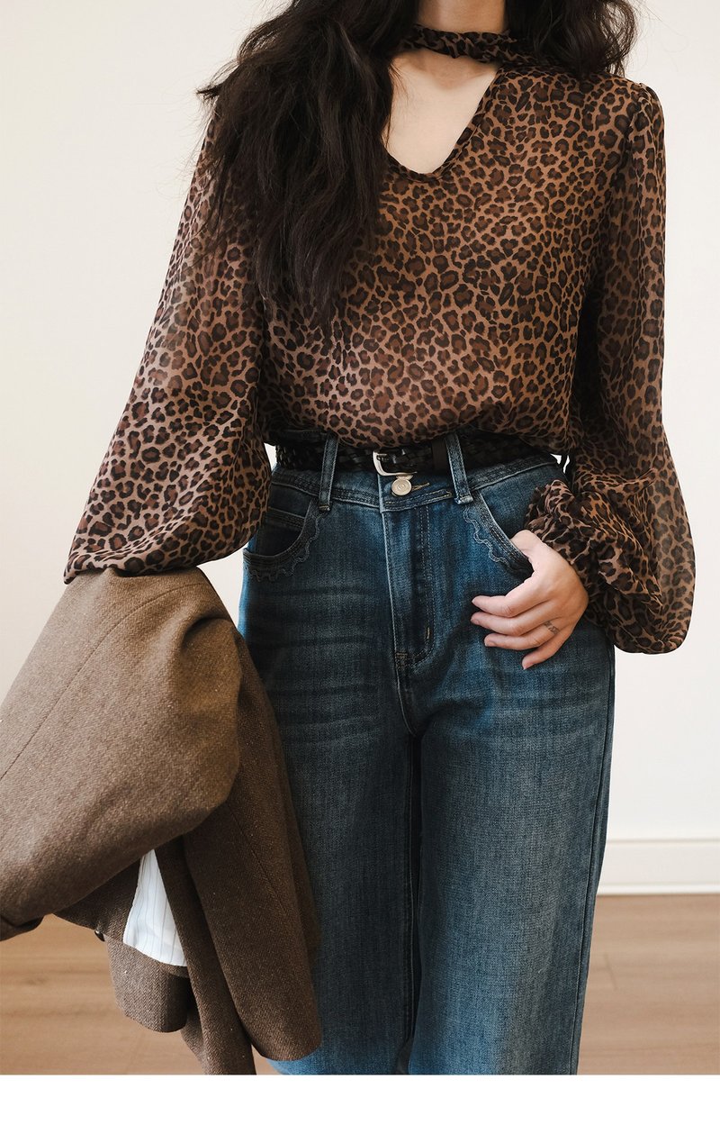 French Retro Chic Polka Dot Leopard Print Tie-Neck Transparent Long ...