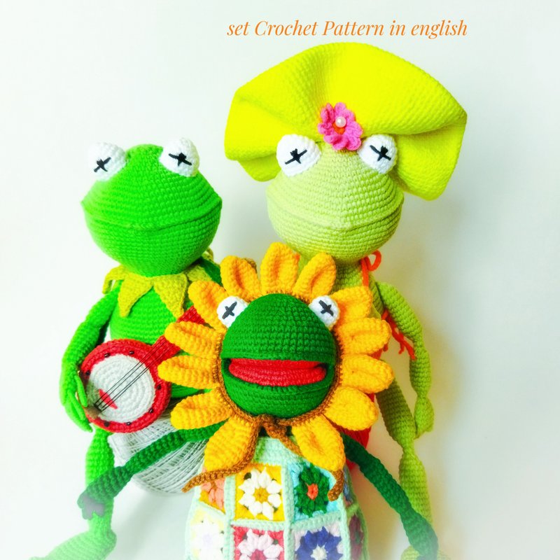 【Digital】Set crochet pattern PDF- Three frogs- Kermit Frog, Miss Froggie, Sunflower Frog - Shop ...