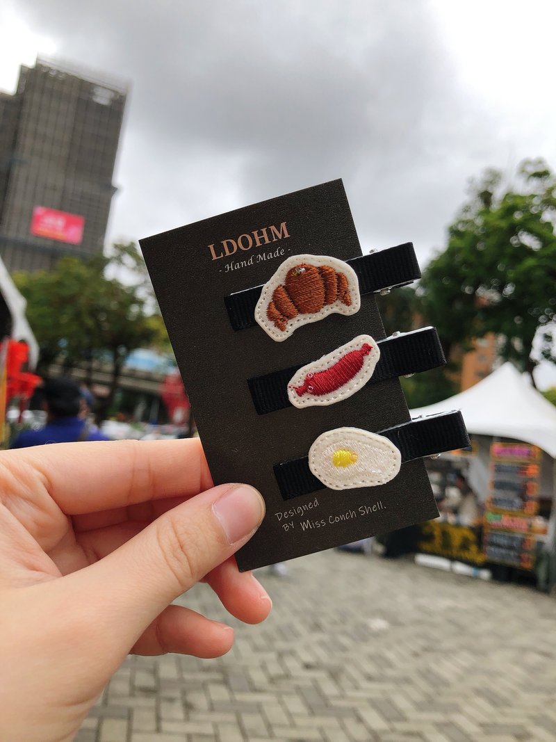 早餐 手做刺繡髮夾 (3枚組)|附包裝 - 設計館 LDOHM 愜意的女子手做 髮圈/髮夾 - Pinkoi