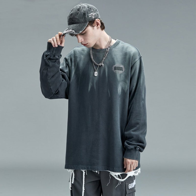 深灰圓領衛衣秋冬燙鉆上衣 長袖T恤 - 設計館 MUYU 男 T 恤 - Pinkoi