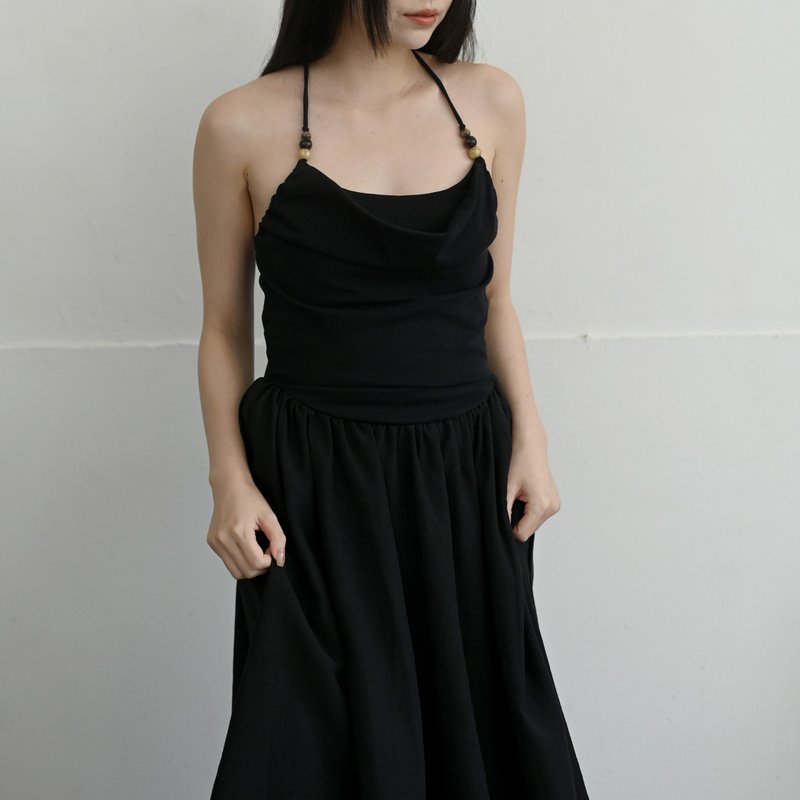 法式垂領-細帶度假風串珠連身衣-黑色 NO216｜洋裝/連身裙人氣榜 - Pinkoi