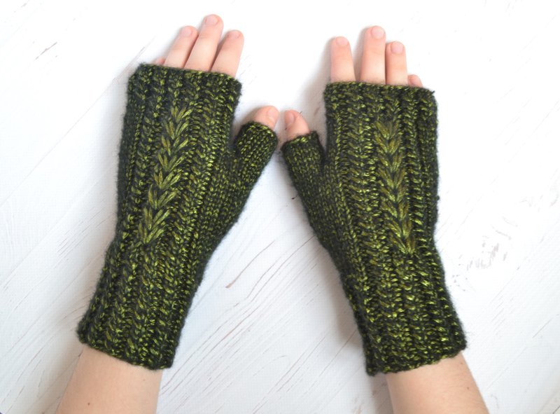 Fingerless gloves for woman, Sparkle green fingerless mittens, knit ...