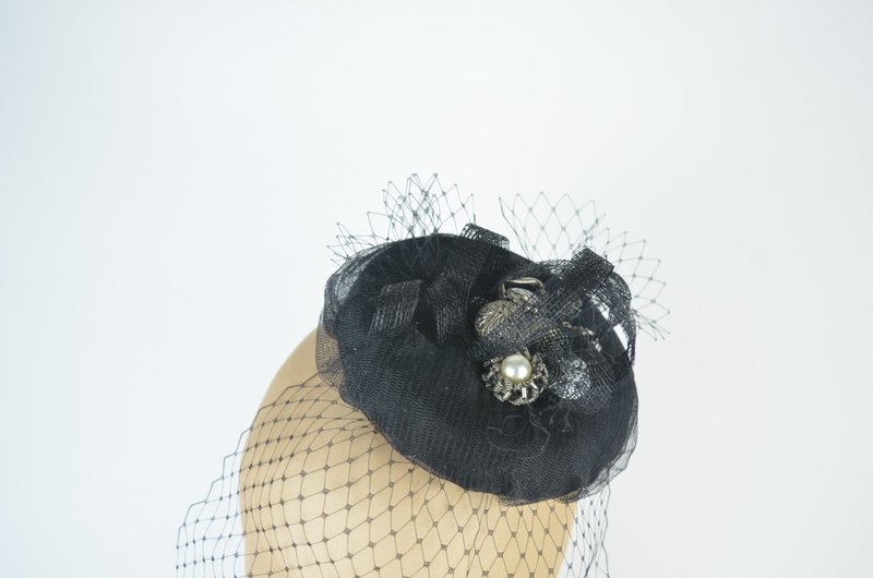 Felt Pillbox Hat in Black with Vintage Silver Buttons and Veil ...