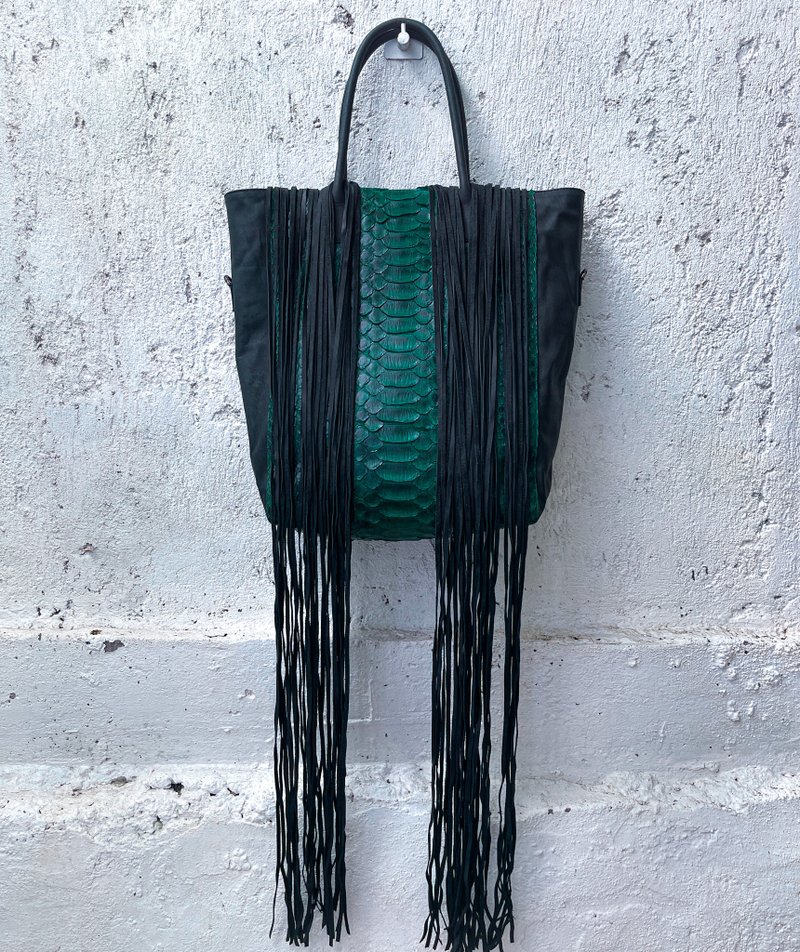 Tote Python Leather Bag Shoulders Bag Snakeskin Handle Fringe Bag - 設計館 ...