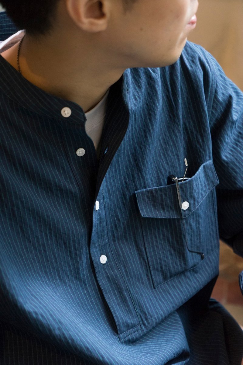 SHIRT 藍綠配色泡泡紗質感襯衫 寬鬆套頭舒適休閒條紋輕薄長袖衫 Lab Store｜男襯衫/休閒襯衫人氣榜 - Pinkoi