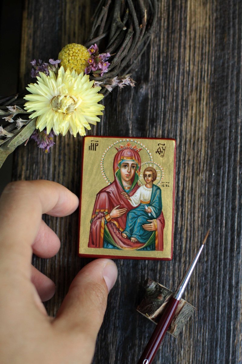 hand painted orthodox christian Virgin Mary icon, miniature religious ...
