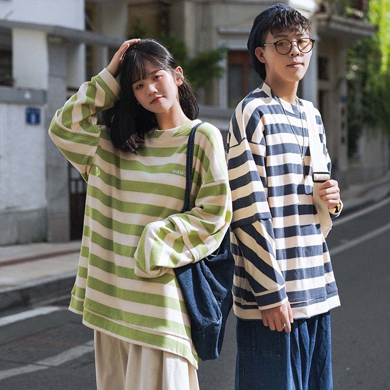 【雙 11 限定】情侶裝日系復古海軍風條紋T恤長袖套頭衛衣 MUYU｜女 T 恤人氣榜 - Pinkoi