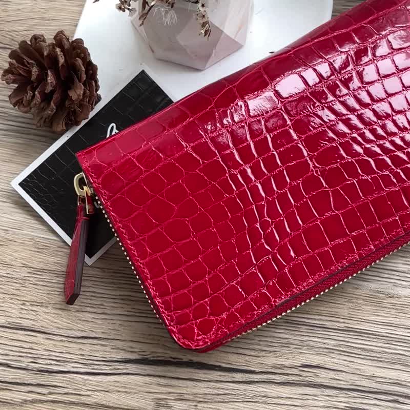 Rose Red Alligator Leather Long Wallet - Shop whatshandmake Rose Red Alligator Leather Long Wallet - Shop whatshandmake